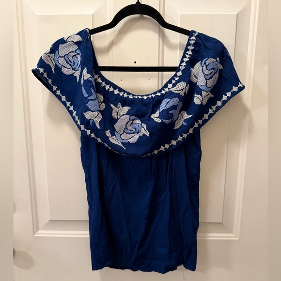 Blue Rain | Tops | Blue Rain Royal Blue Embroidered Floral Womens ...